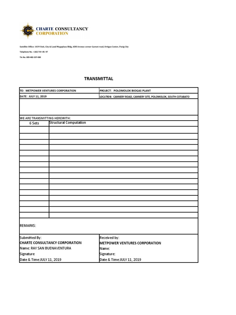 Transmittal: 6 Sets Structural Computation | PDF