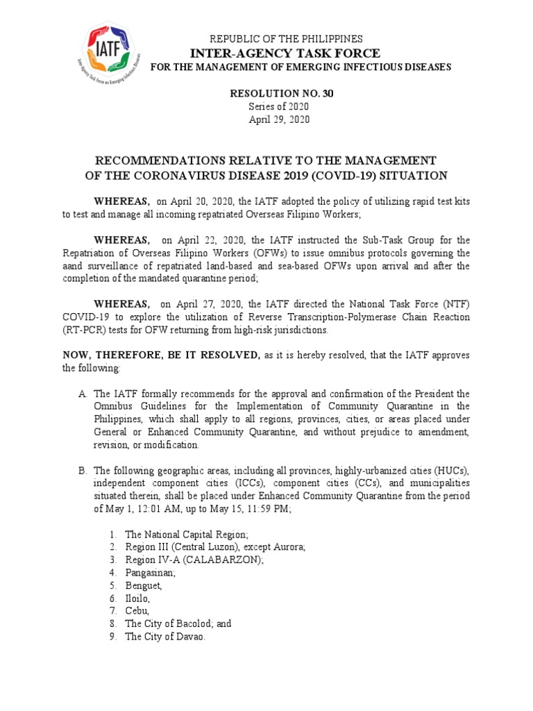 IATF MEID Resolution No. 30 April 29 2020 With Omnibus Guidelines | PDF ...