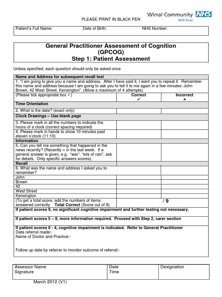 General Practitioner Assessment of Cognition (Gpcog) Step 1: Patient ...