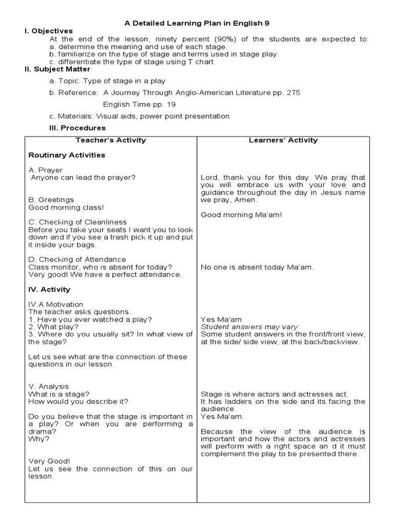 A Detailed Learning Plan in English 9 I. Objectives: Student Answers ...
