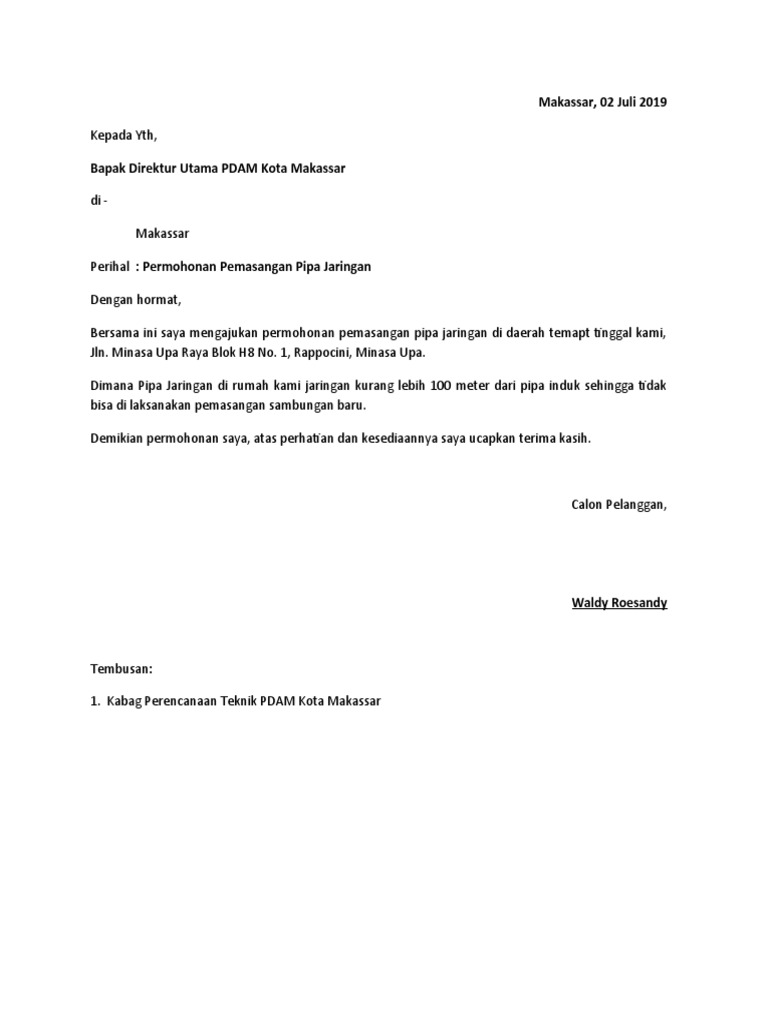 Permohonan Ke Pdam | PDF | Teknologi & Rekayasa