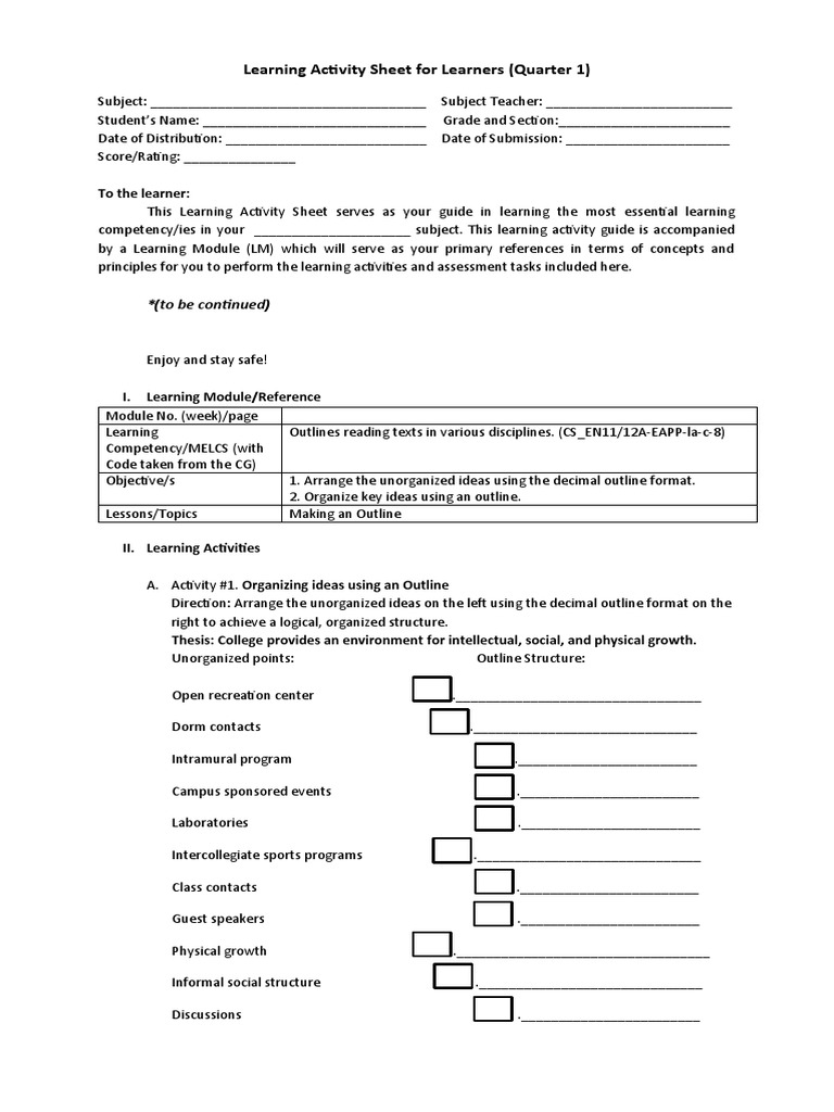 EAPP (Outlining) Learning-Worksheet | PDF | Juvenile Delinquency ...