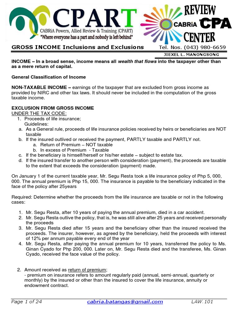 GROSS INCOME Inclusions and Exclusions: Tel. Nos. (043) 980-6659 | PDF ...