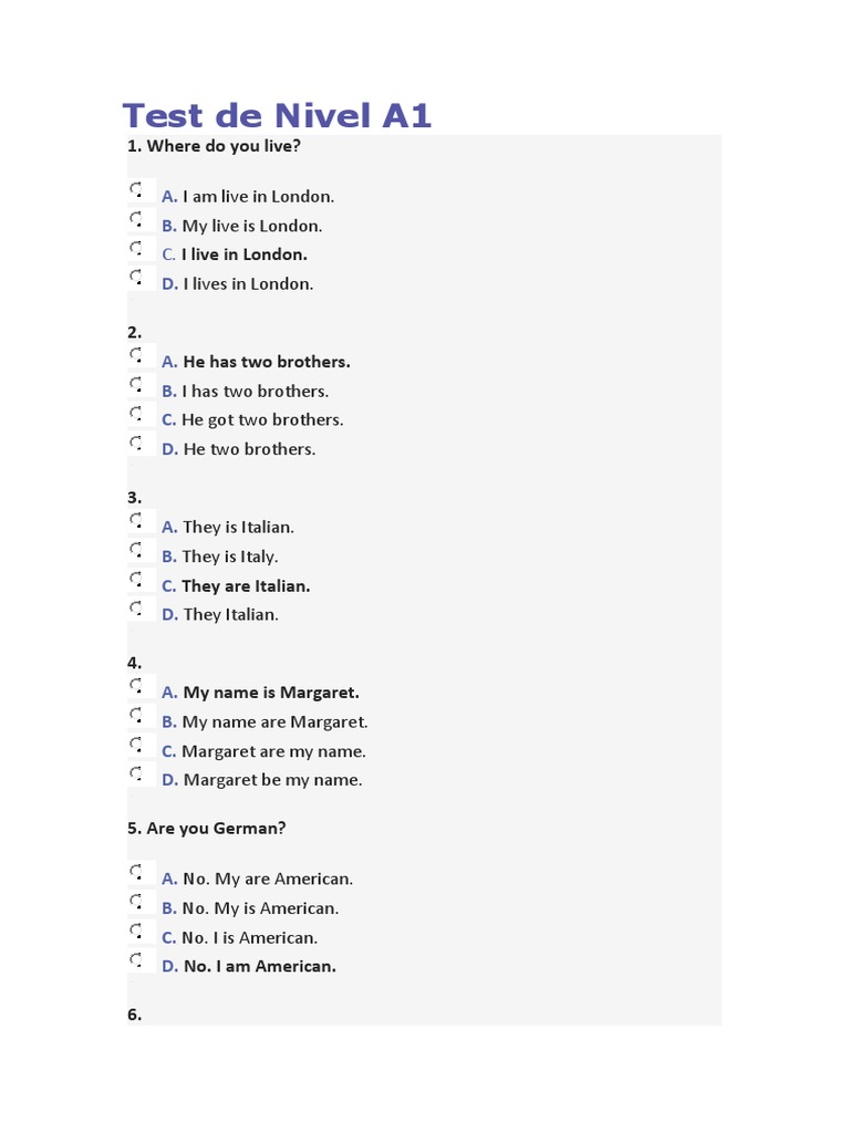 Test de Nivel A1 | PDF