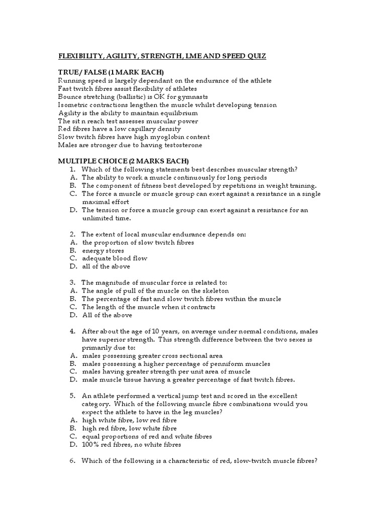 Flexibility, Agility and Speed Quiz | PDF | Muscle Contraction | Muscle