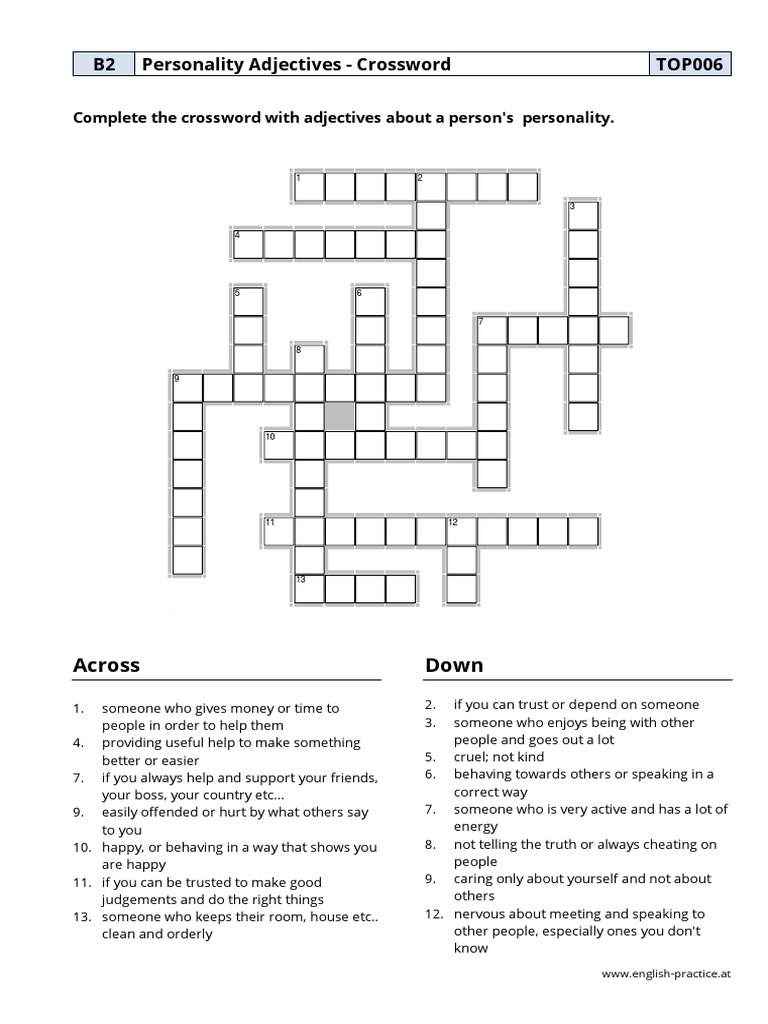 Personality Adjectives - Crossword - PDF Vocabulary Worksheet - B2 - SS ...