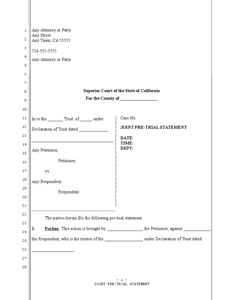 Sample Joint Pre-Trial Statement For California | PDF | Trust Law | Lawsuit