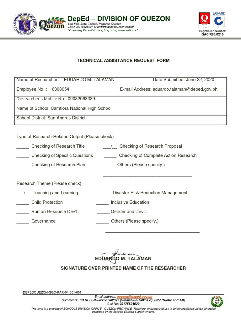 Request for Technical Assistance on an Action Research Project Focused ...