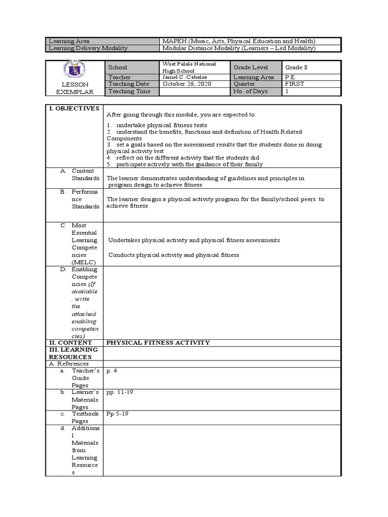 Lesson Exemplar Pe 8 1ST Quarter | PDF | Physical Fitness | Obesity