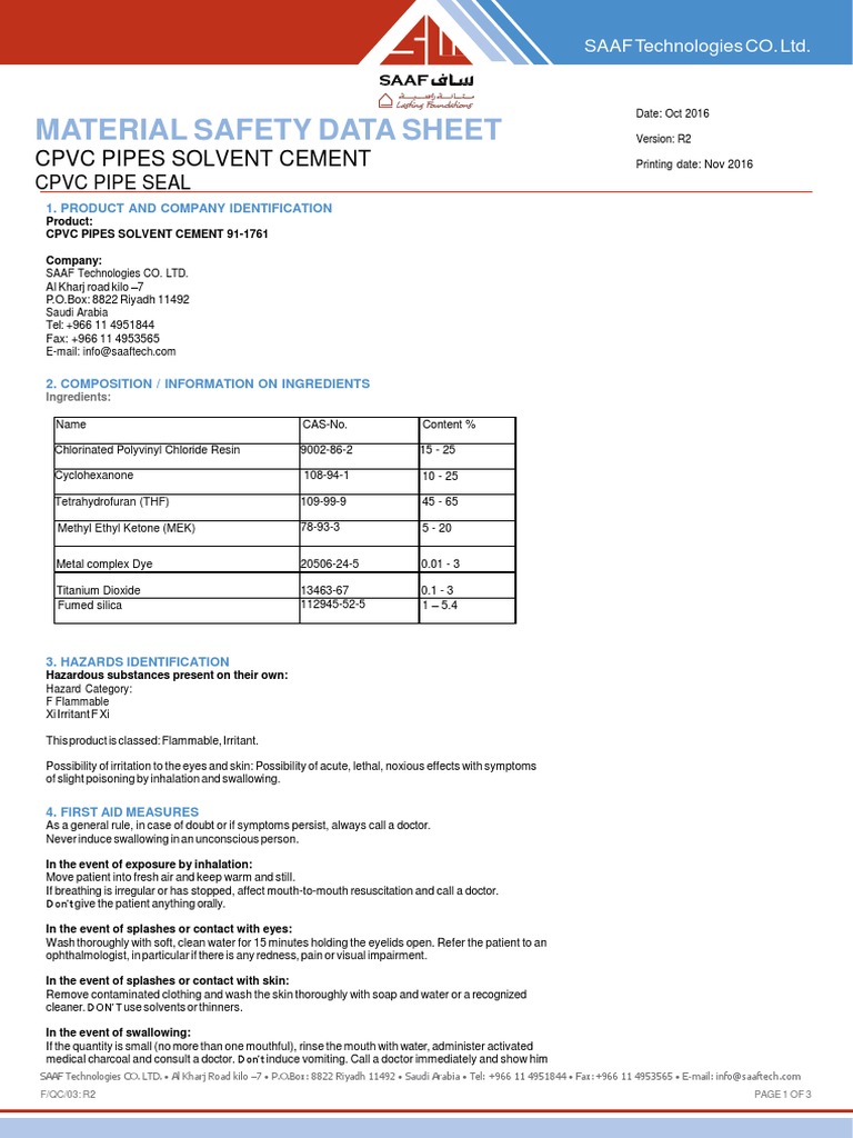 CPVC Pipes Solvent Cement Msds | PDF | Firefighting | Water