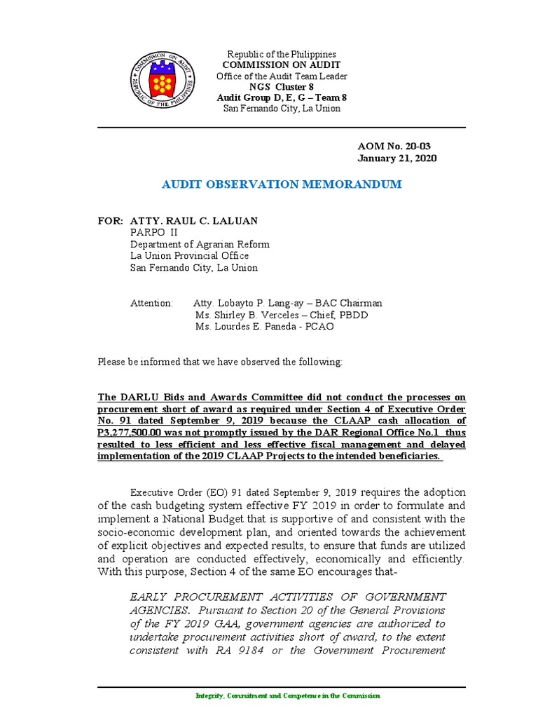 Audit Observation Memorandum: Commission On Audit NGS Cluster 8 Audit ...