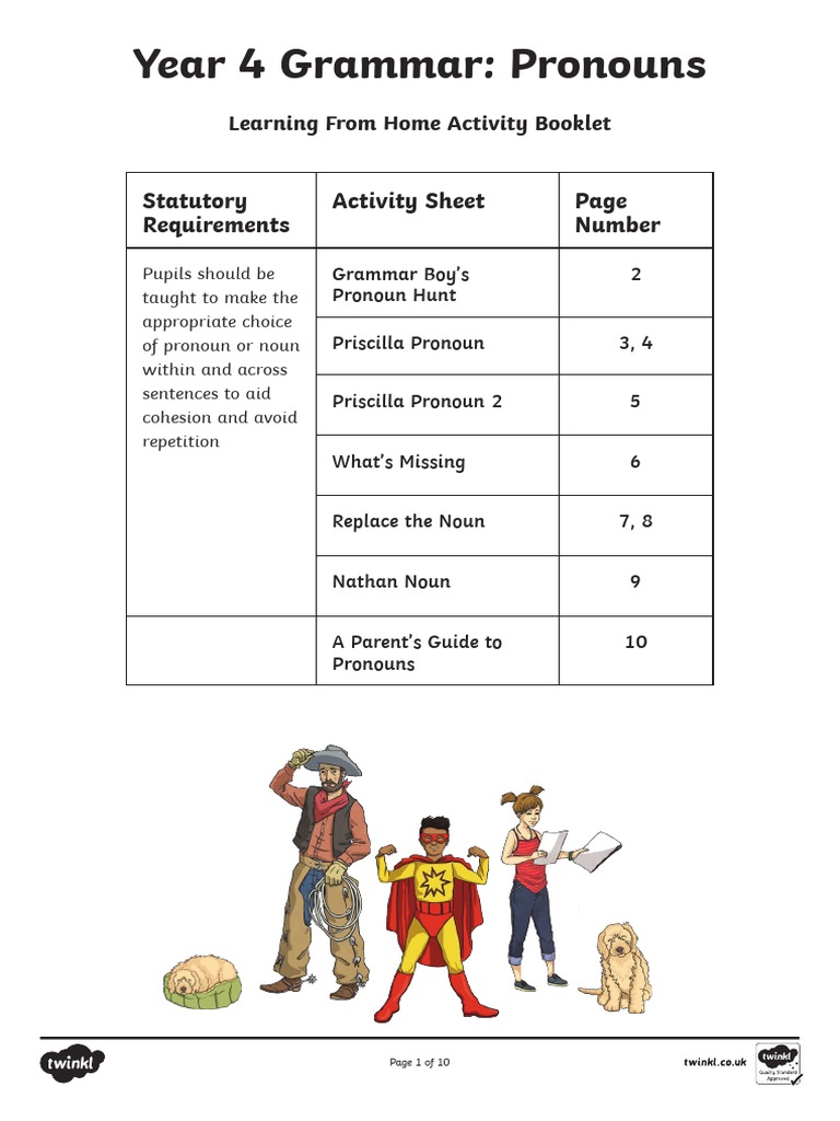 Year 4 Grammar: Pronouns: Statutory Requirements Activity Sheet Number ...