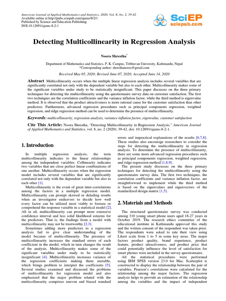 Detecting Multicollinearity In Regression Analysis Keywords Pdf