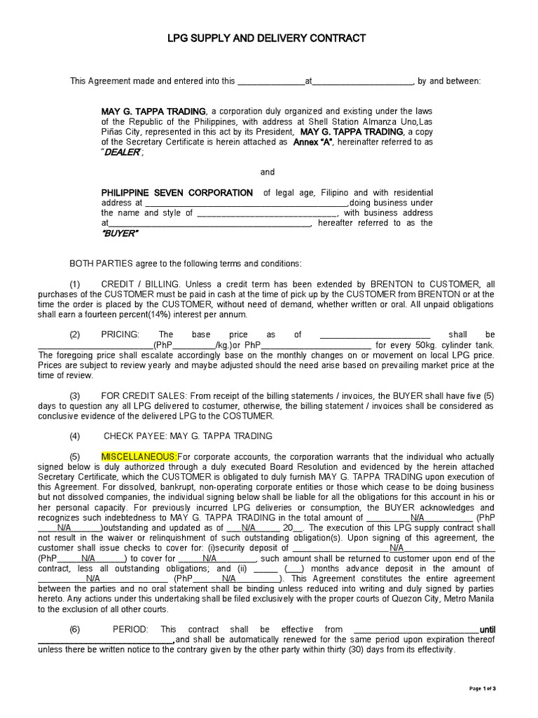 LPG Supply and Delivery Agreement | PDF | Invoice | Common Law