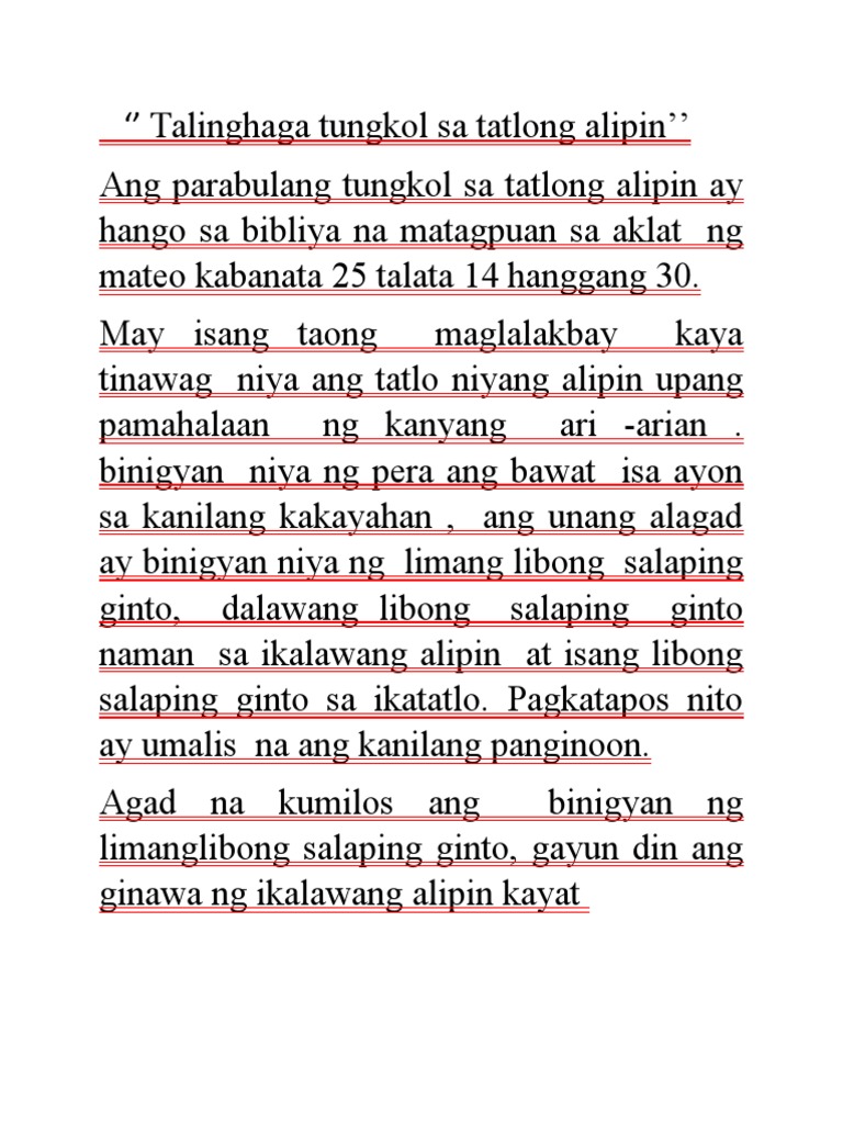 Talinghaga Tungkol Sa Tatlong Alipin Filipino 9 | PDF