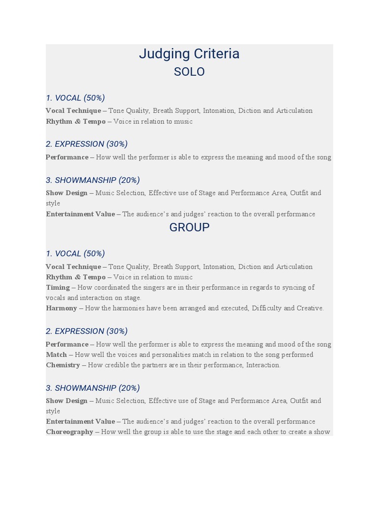 Judging criteria for solo and group singing performances | PDF