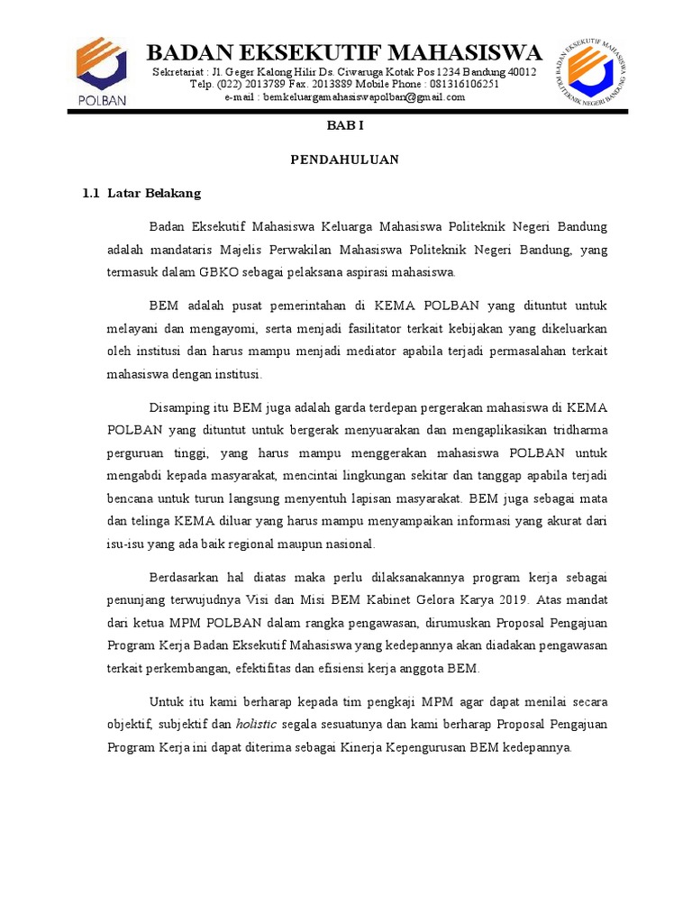 Proposal Pengajuan Proker BEM Gelora Karya 2019 | PDF