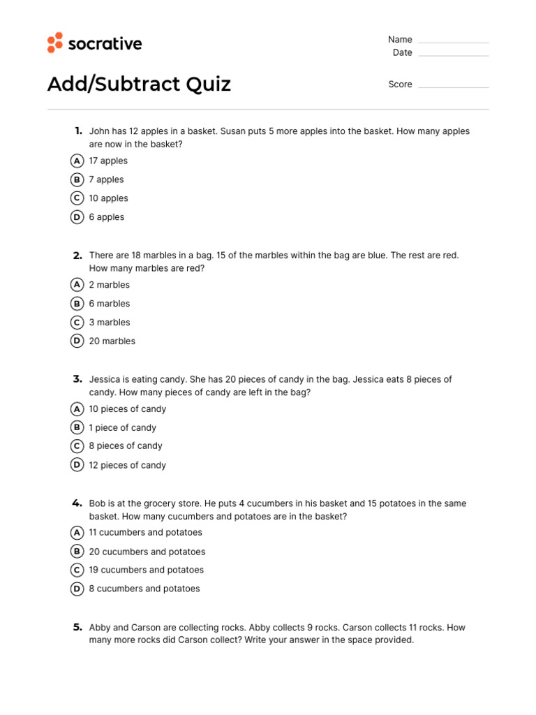 Add/Subtract Math Quiz for Kids | PDF