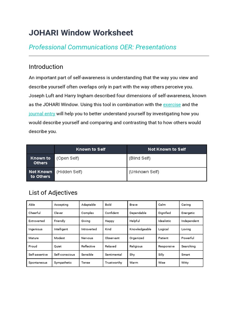JOHARI Window Worksheet | PDF | Self Awareness | Cognition