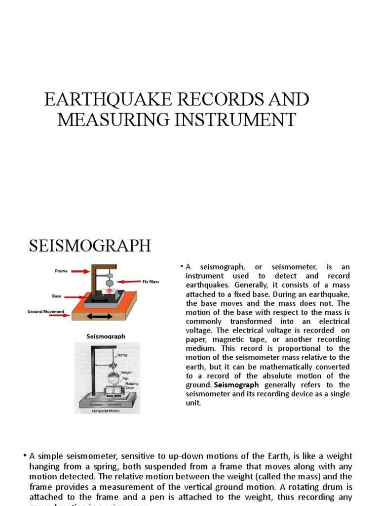 EARTHQUAKE RECORDS AND MEASURING INSTRUMENT. Seismograph. Accelograph ...