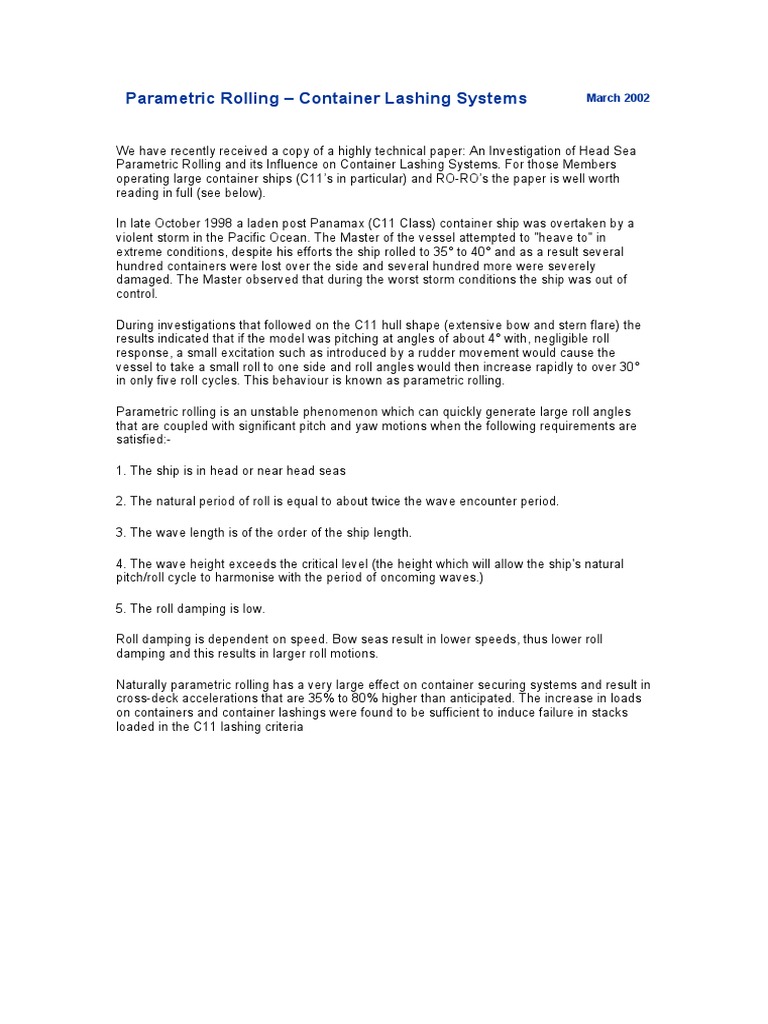 Parametric Rolling - Container Lashing Systems: March 2002 | PDF