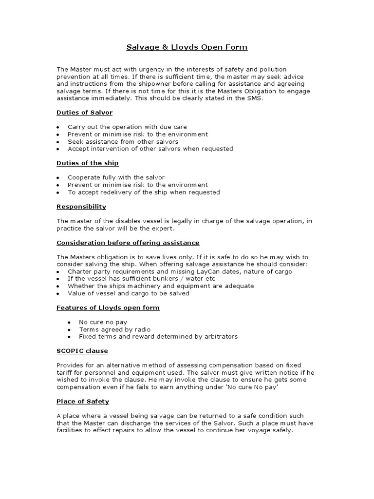Salvage & Lloyds Open Form: Duties of Salvor | PDF