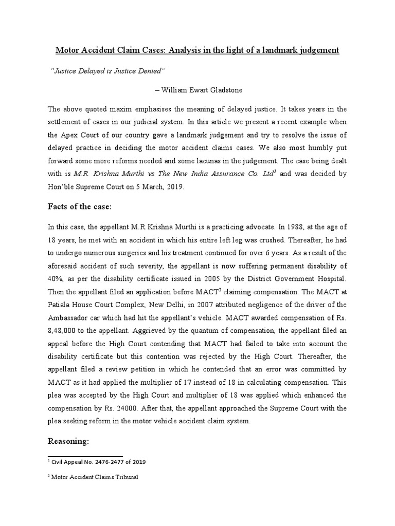 Motor Accident Claim Cases Analysis in The Light of A Landmark ...