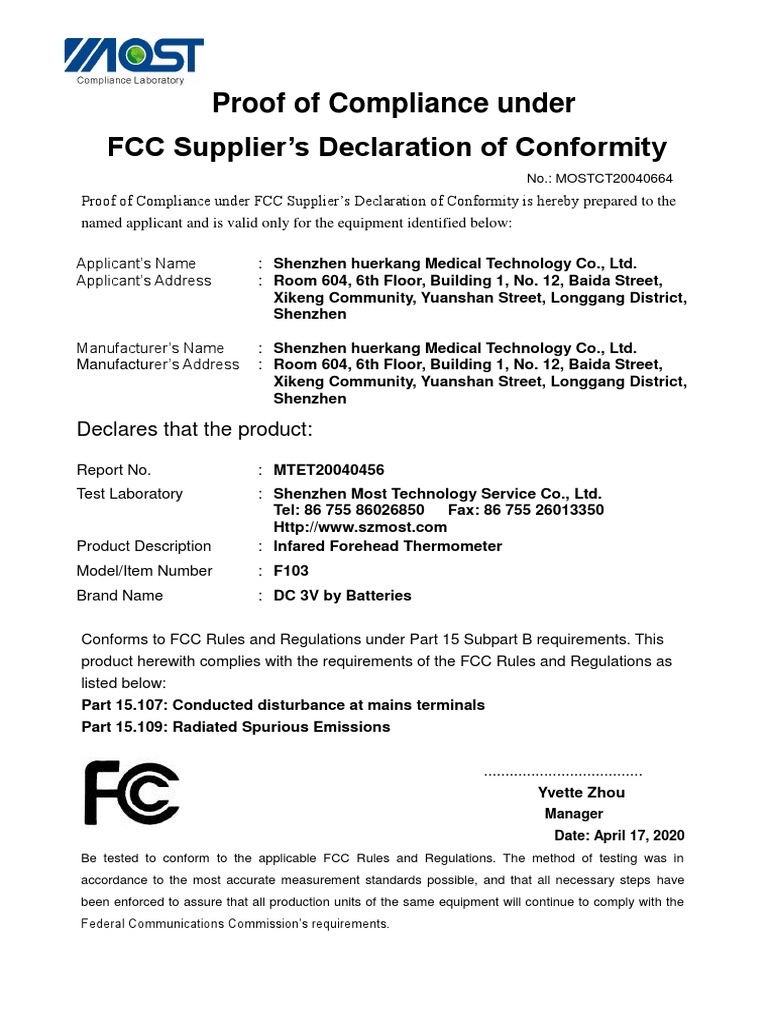 Proof of Compliance Under FCC Supplier's Declaration of Conformity | PDF