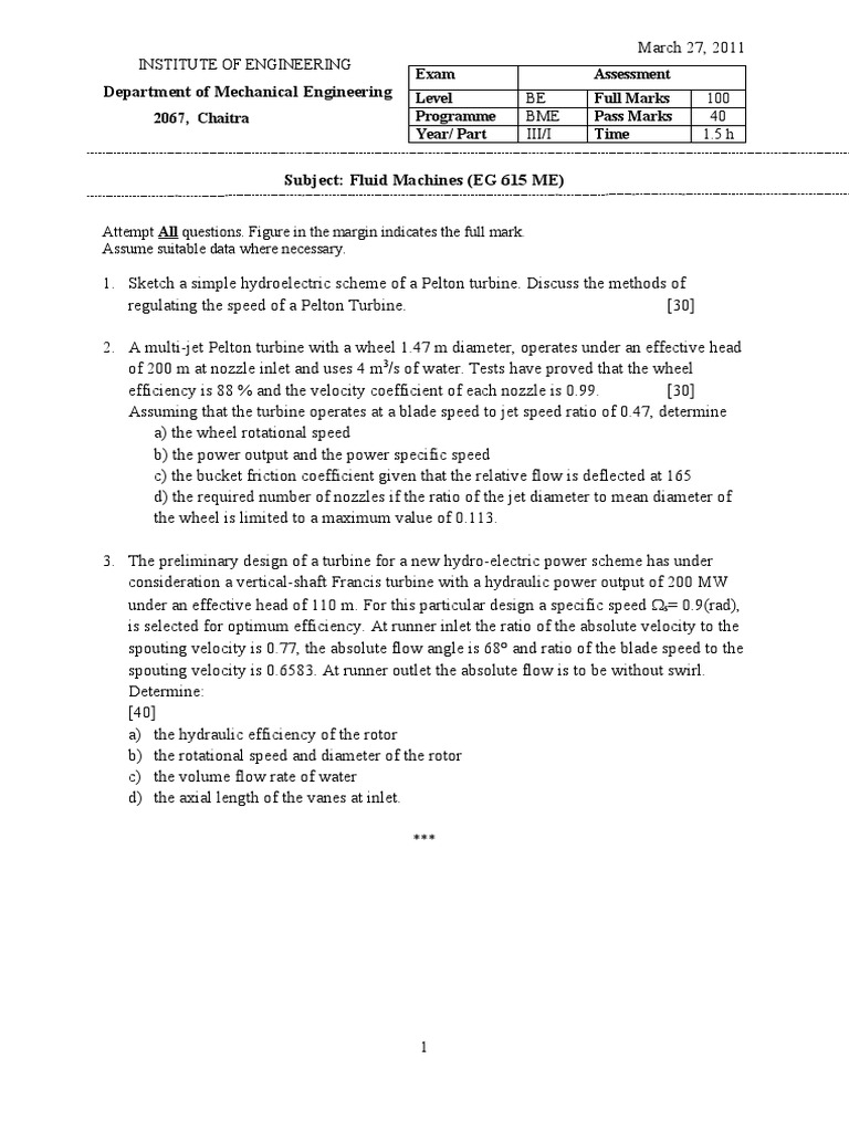 Fluid Machines Exam Questions | PDF | Turbine | Chemical Equipment