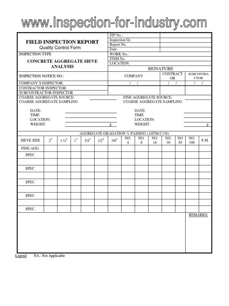Concrete Aggregate Sieve Analysis Quality Control and Inspection Report ...
