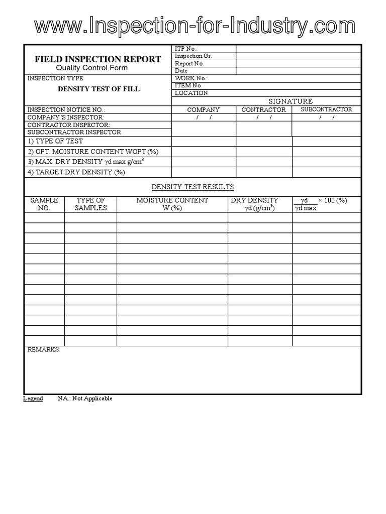 Density Test of Fill Quality Control and Inspection Report Form | PDF