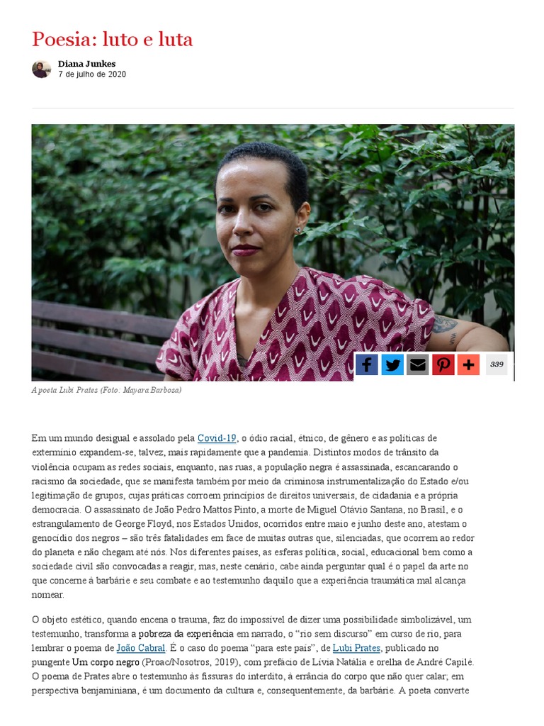 Poesia: Luto e Luta - Diana Junkes | PDF | Poesia | Racismo Poesia: Luto e Luta - Diana Junkes | PDF | Poesia | Racismo