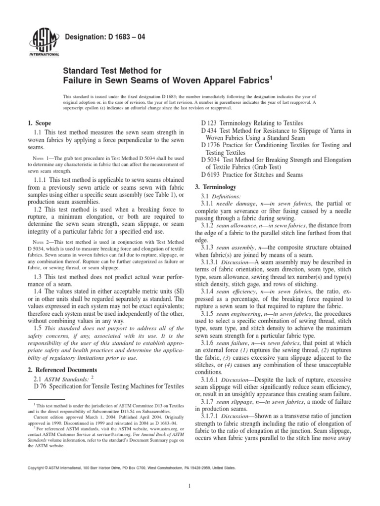 Failure in Sewn Seams of Woven Apparel Fabrics: Standard Test Method ...