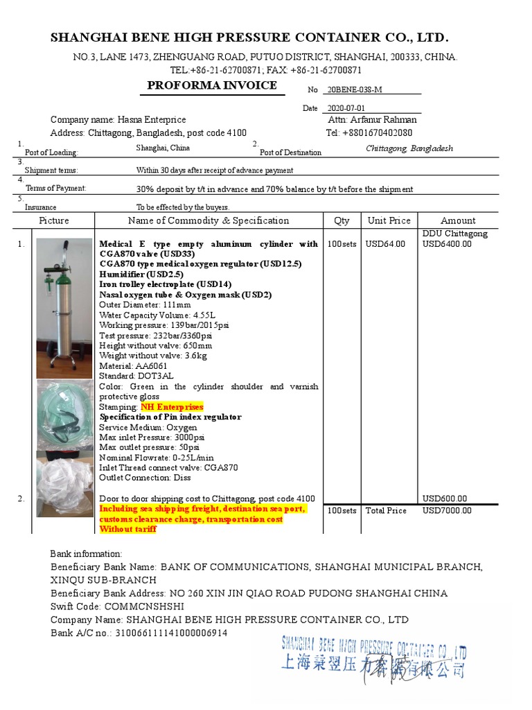 Proforma Invoice For Oxygen Cylinder | PDF | Business | Nature