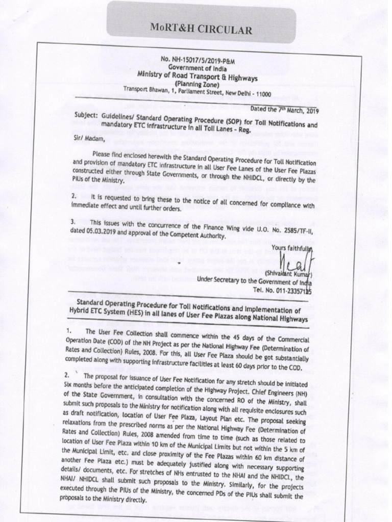 MoRTH Circular & SOP Hybrid ETC 07032019 | PDF