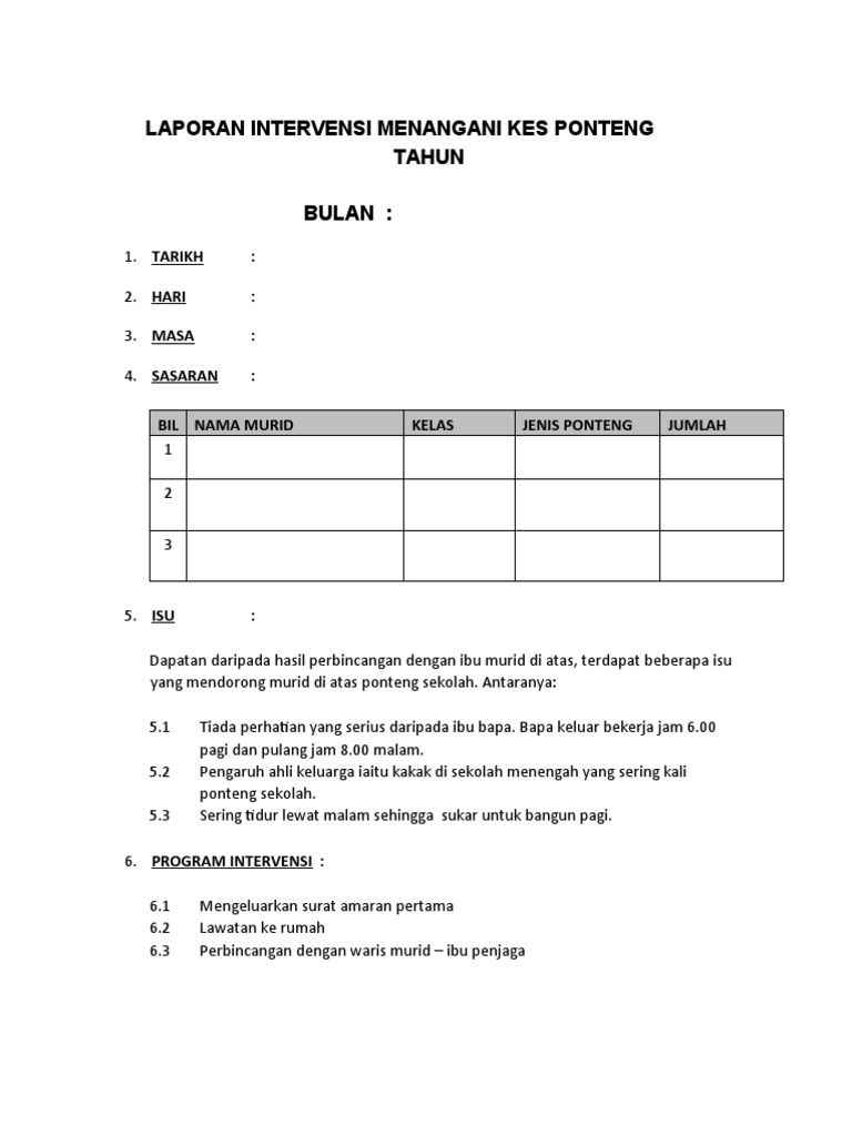 Contoh Laporan Intervensi Murid Ponteng | PDF