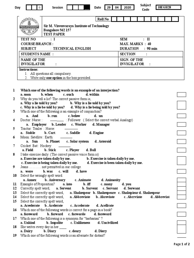 Class 2 Technical English Test Paper | PDF | Sentence (Linguistics ...