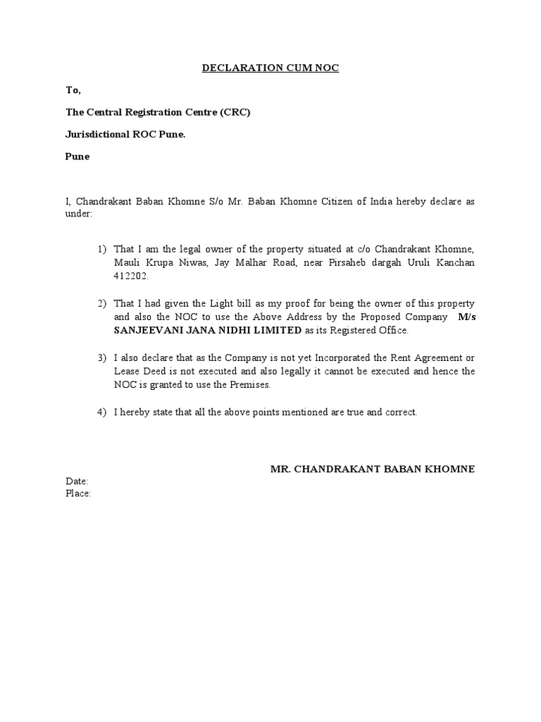 Declaration Cum Noc To, The Central Registration Centre (CRC ...
