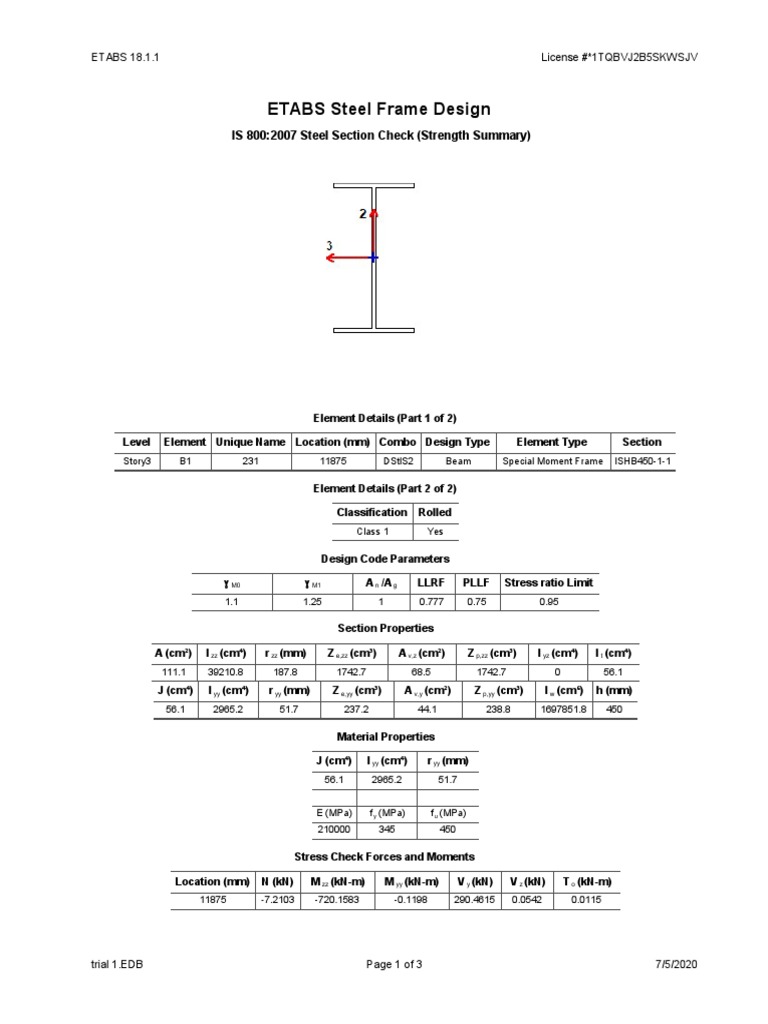 ETABS Steel Frame Design: IS 800:2007 Steel Section Check (Strength Summary) | PDF | Mechanics ...