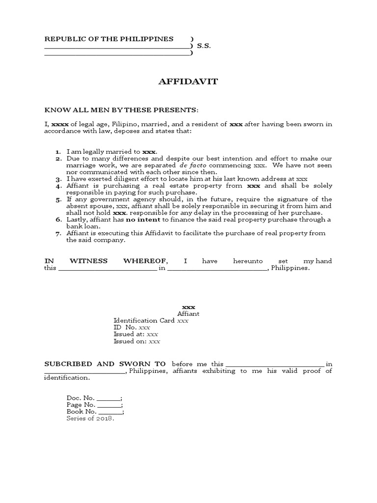 Affidavit On Absent Spouse - Blank | PDF | Law
