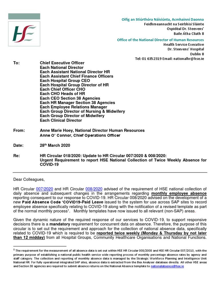 HR Circular 018 2020 National Collection of Absence Due To Covid 19 | PDF | Health Care | Business