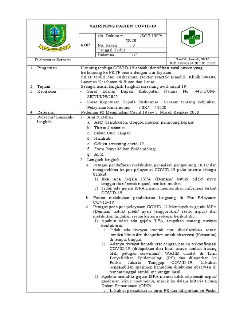 SOP Skrining Pasien | PDF | Sains & Matematika