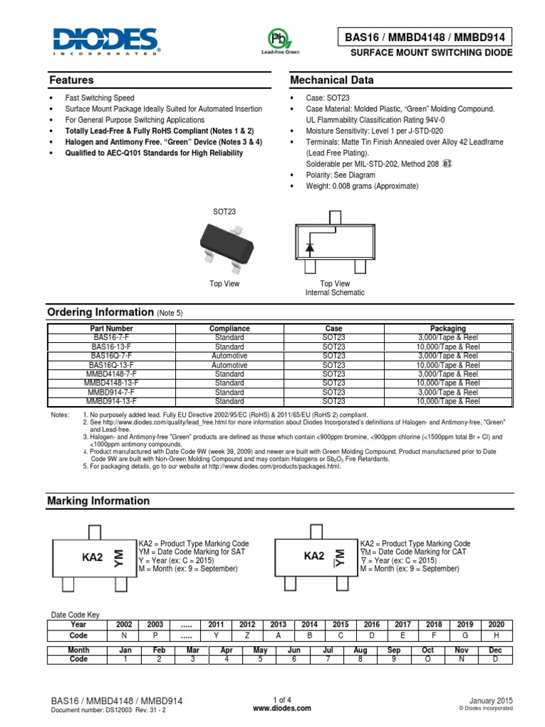 BAS16 / MMBD4148 / MMBD914: Surface Mount Switching Diode | PDF | Electrical Engineering ...