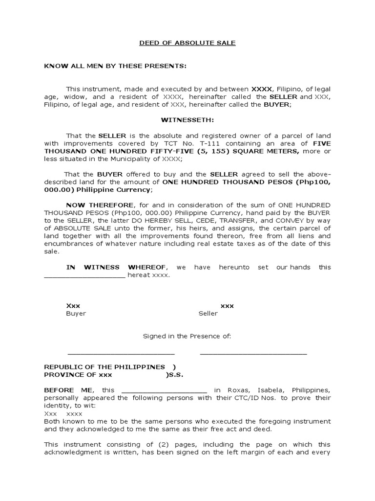 Deed of Absolute Sale of Registered Land | Download Free PDF | Deed ...