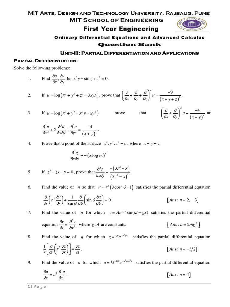 Partial Differentiation and Applications Question Bank | PDF | Differential Equations | Equations