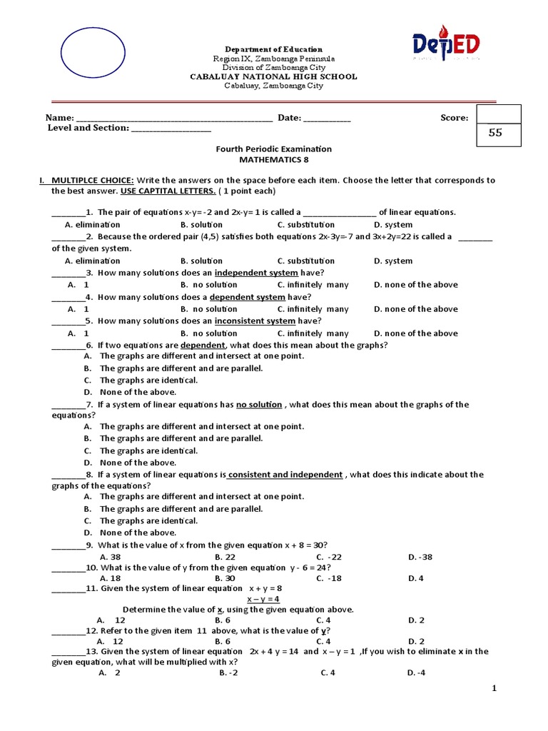 MATH Grade 8 | PDF | System Of Linear Equations | Algebra
