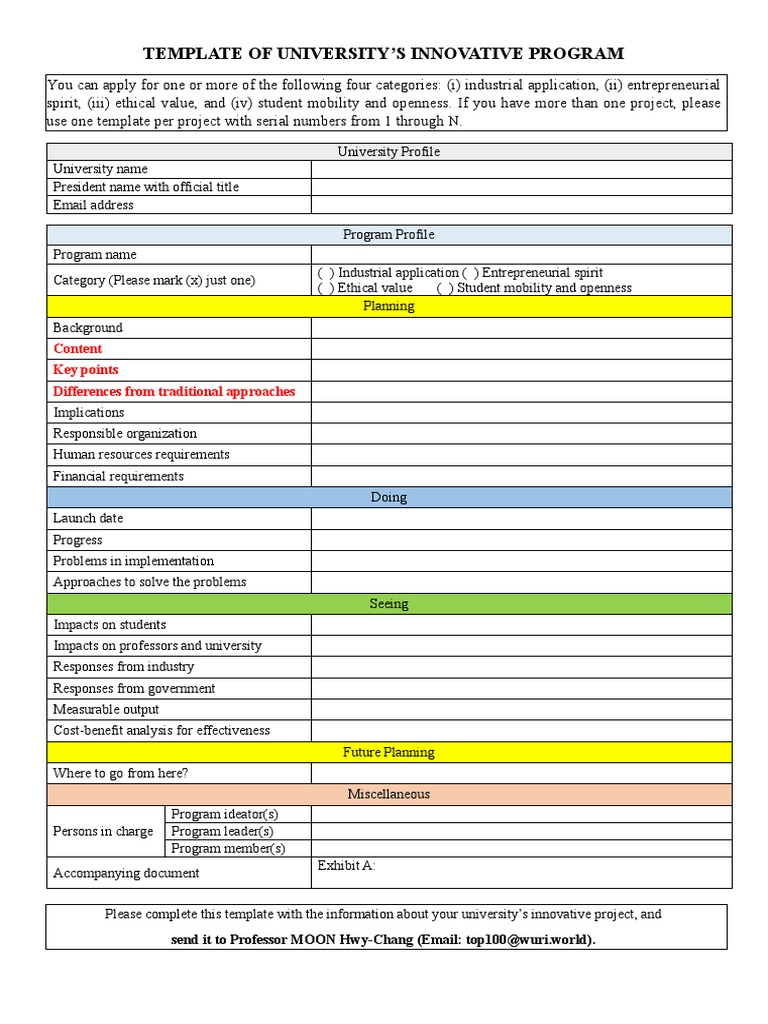 Template of University'S Innovative Program: Content Key Points ...