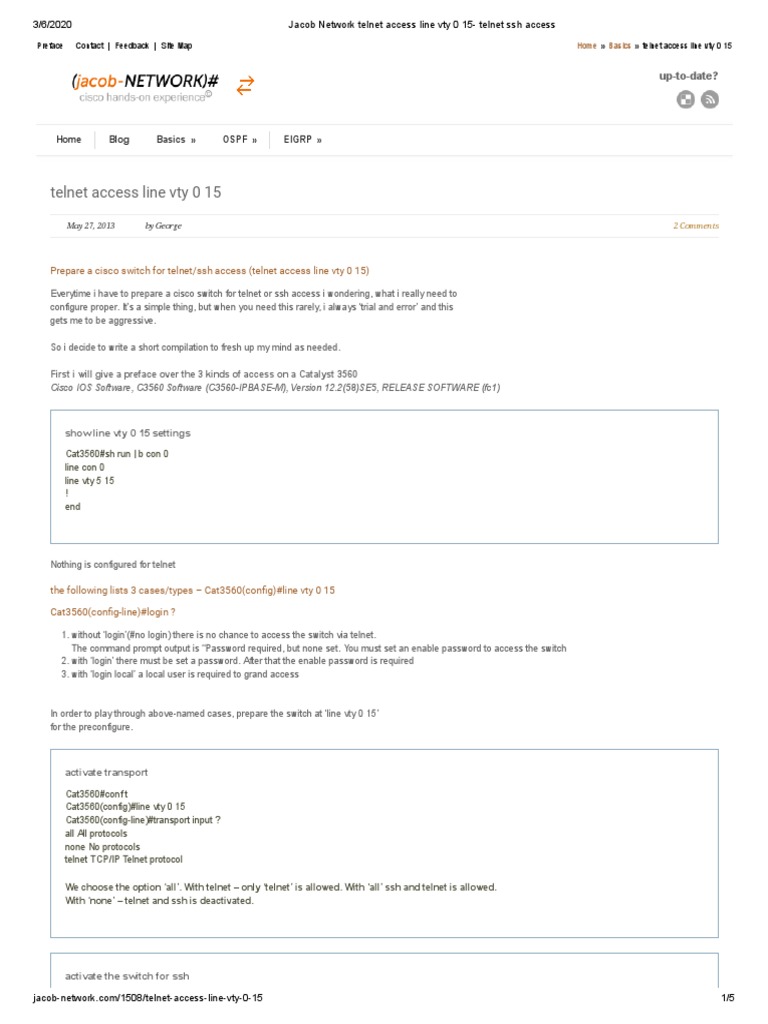 Jacob Network Telnet Access Line Vty 0 15 - Telnet SSH Access PDF | PDF | Network Architecture ...