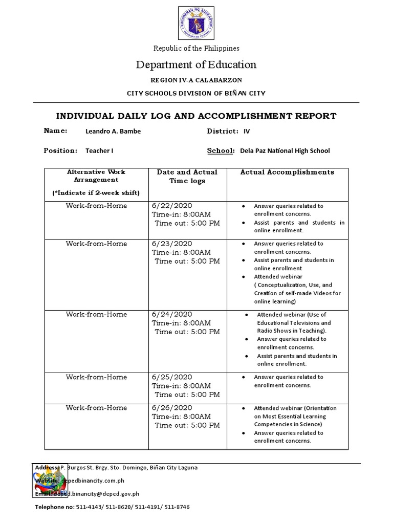 Department of Education: Individual Daily Log and Accomplishment Report ...