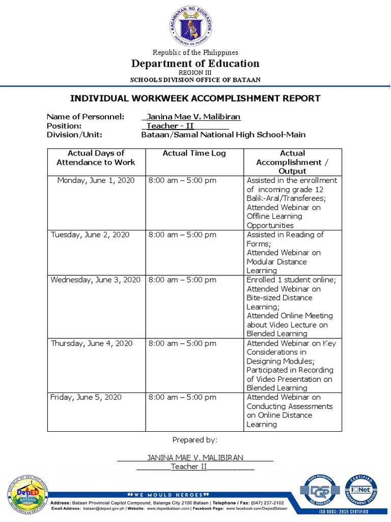 Department of Education: Individual Workweek Accomplishment Report | PDF | Learning | Behavior ...